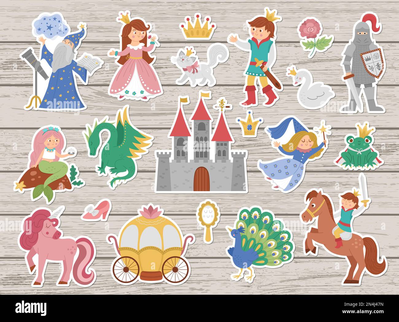 Fairy tale character stickers collection. Big vector sticker pack with ...