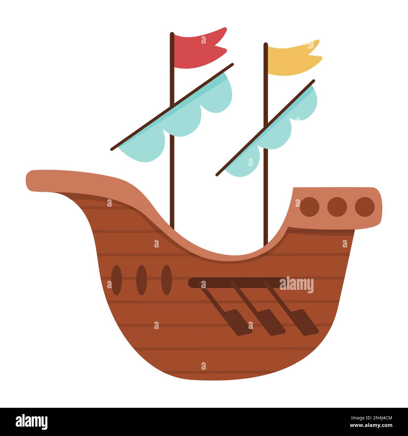 Vector medieval ship with paddles and sails. Fairytale boat icon isolated on white background ...