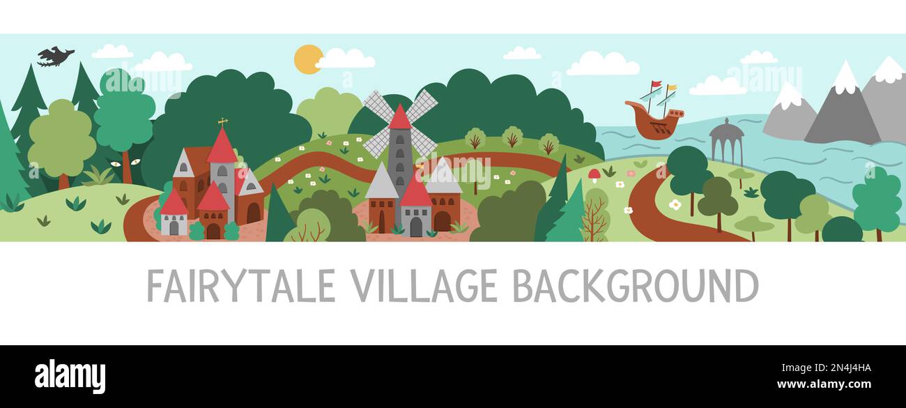 Vector fairytale kingdom illustration. Fantasy forest village border. Cute long horizontal magic ...