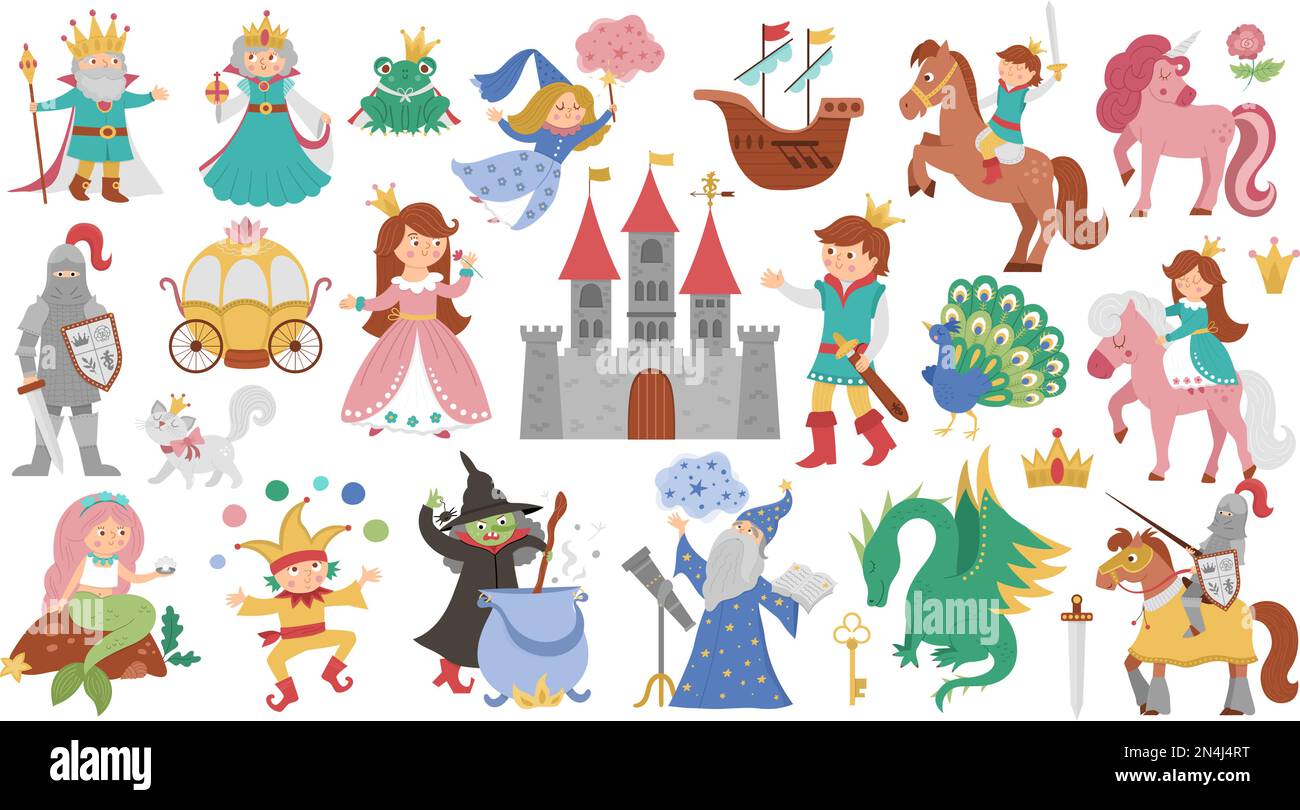 Fairy tale characters and objects collection. Big vector set of fantasy princess, king, queen ...