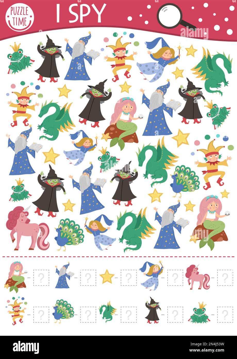 Fairytale I spy game for kids with fantasy creatures. Searching and ...