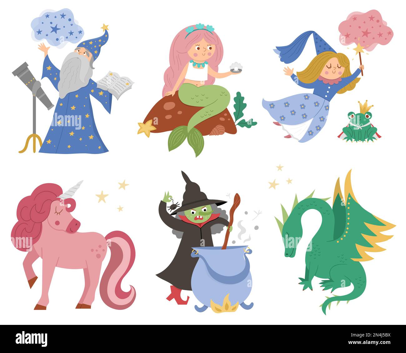 Fairy tale characters collection. Vector set of fantasy witch, unicorn ...