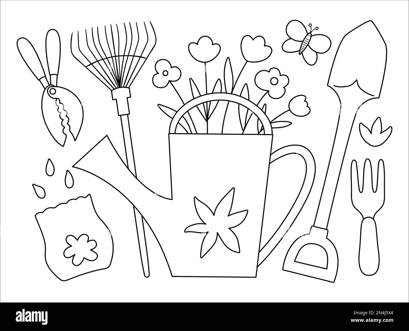 Vector black and white illustration of colorful garden tools with ...