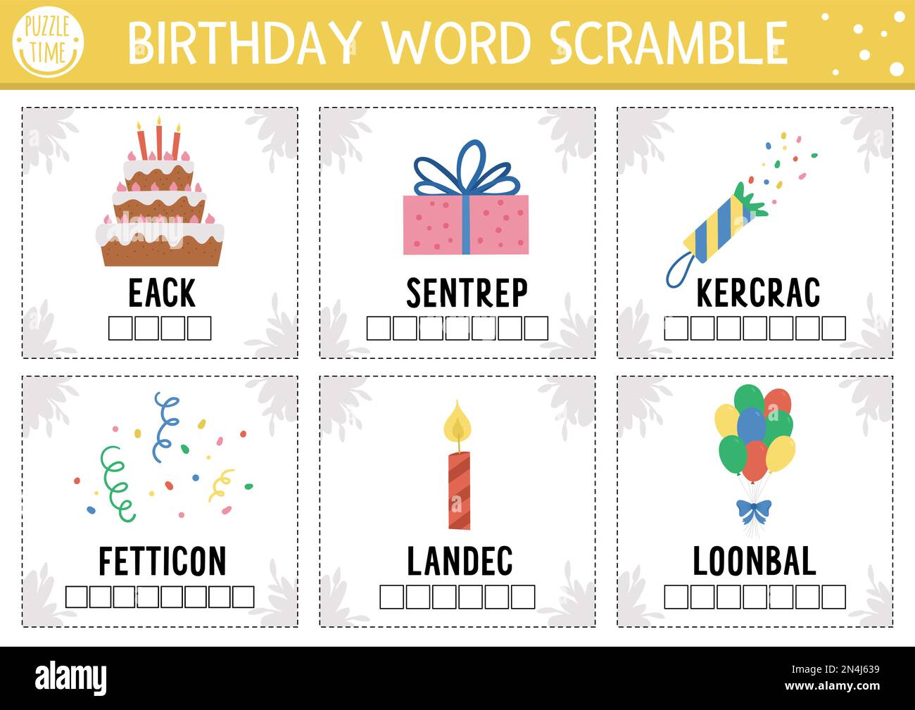 Vector Happy Birthday word scramble activity cards. English language ...