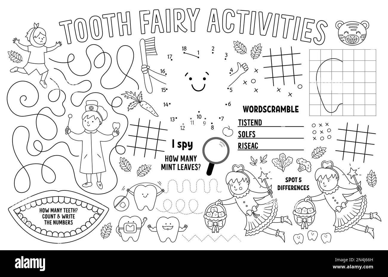 Vector Tooth Fairy placemat for kids. Mouth care printable activity mat ...