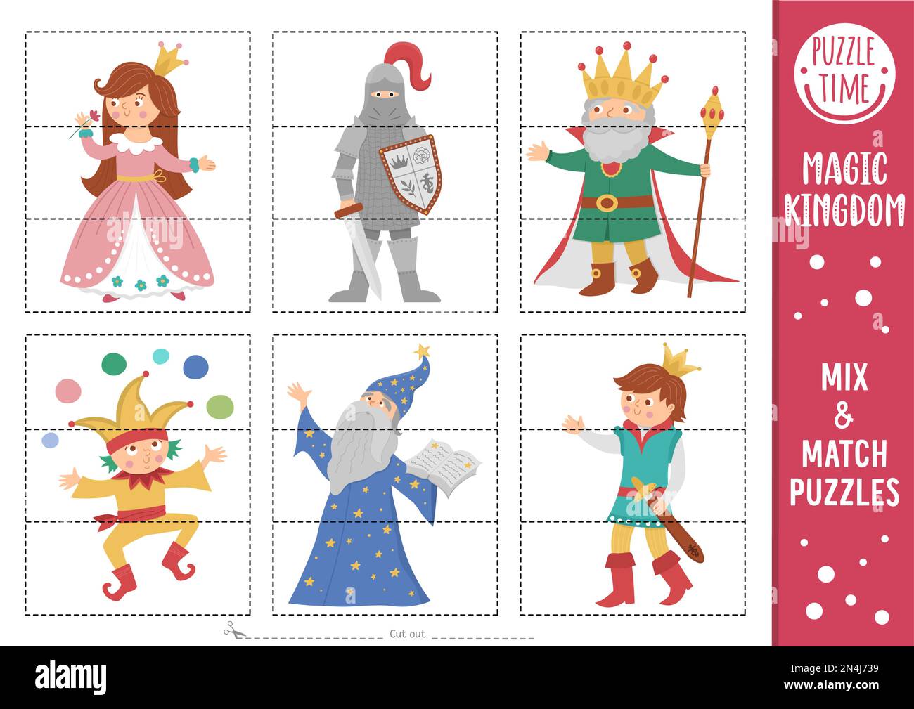 Vector fairytale mix and match puzzle with princess, king, knight ...
