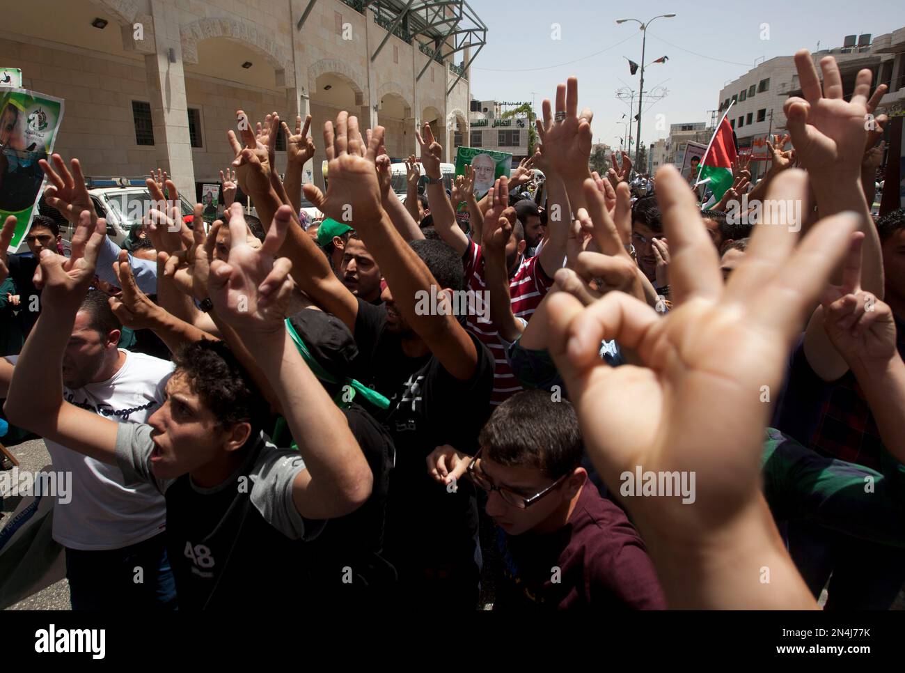 Palestinian supporters of Hamas raise hand gestures including three ...
