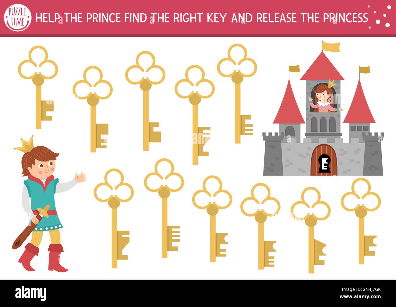 Find the right key to release princess. Fairytale matching activity for ...