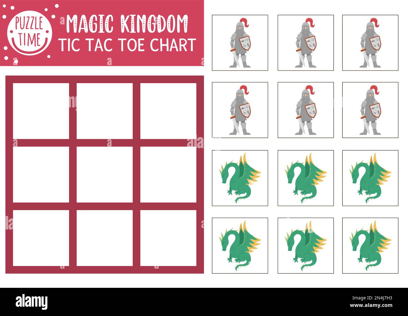 Vector fairytale tic tac toe chart with knight and dragon. Fairy tale ...