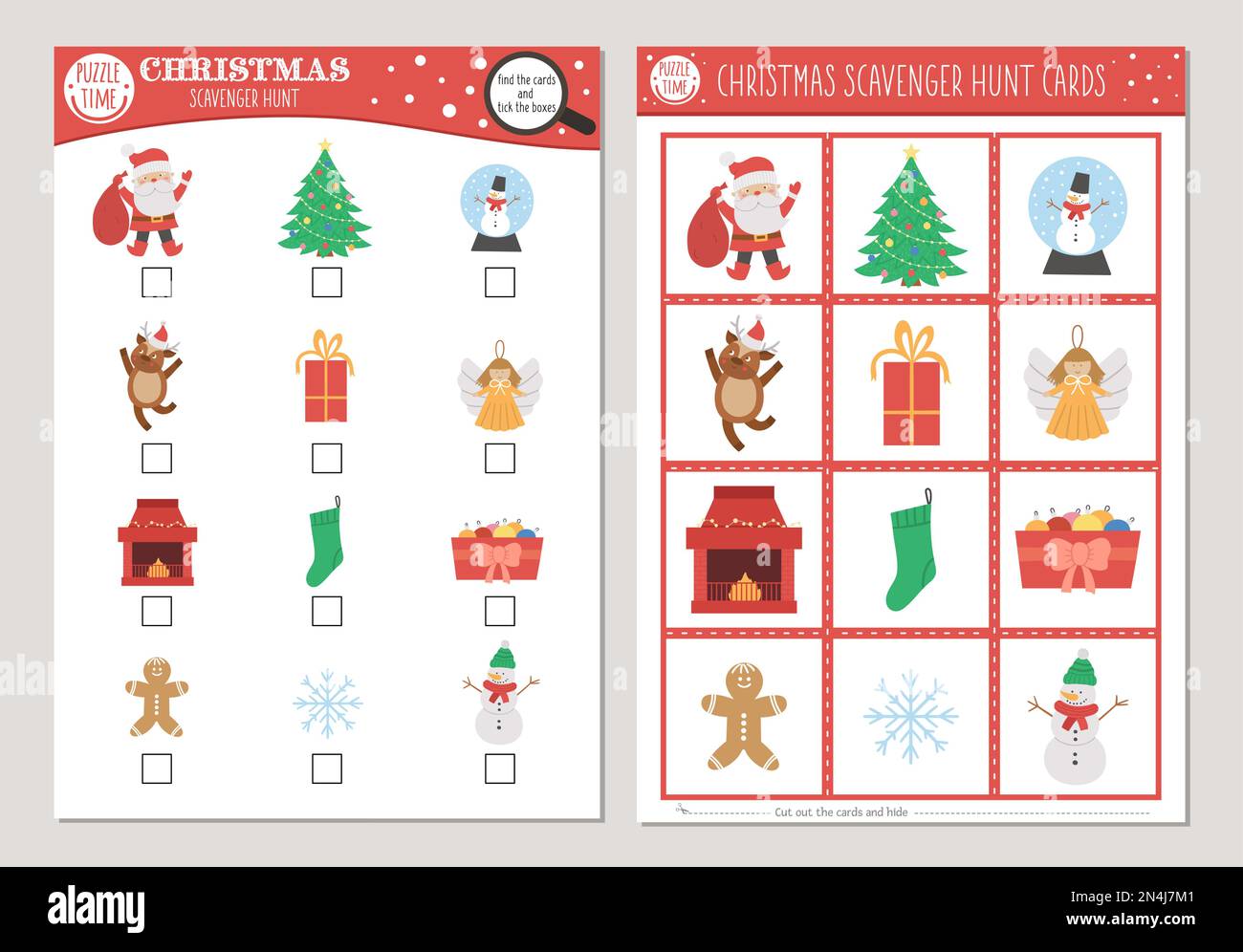 Vector Christmas scavenger hunt cards set. Seek and find game with cute ...