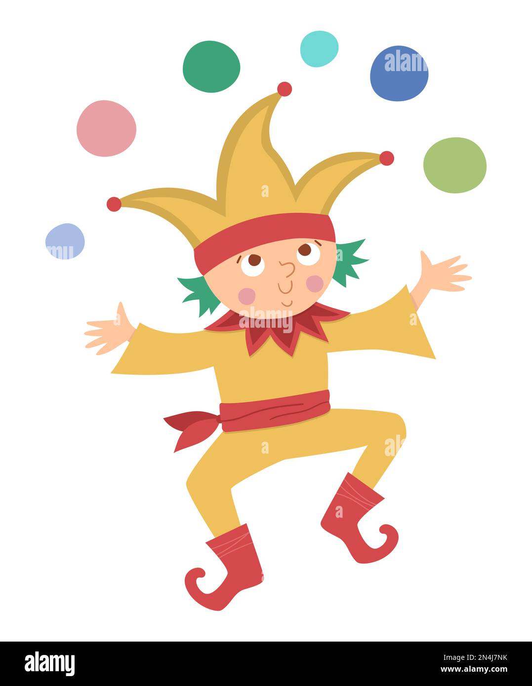 Fairy tale vector buffoon with colored balls. Fantasy juggler in funny ...