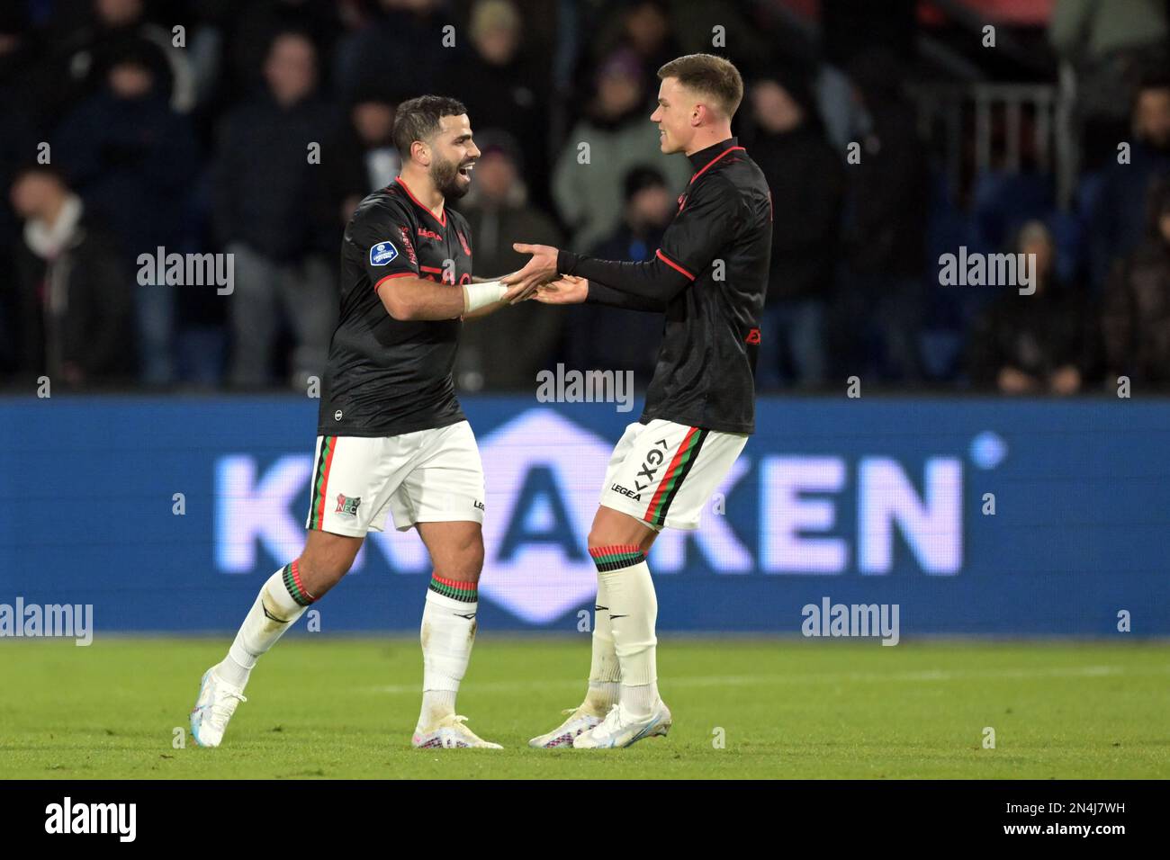 ROTTERDAM - (lr) Oussama Tannane of NEC Nijmegen, Joris Kramer of NEC Nijmegen celebrate the 0-1 ...