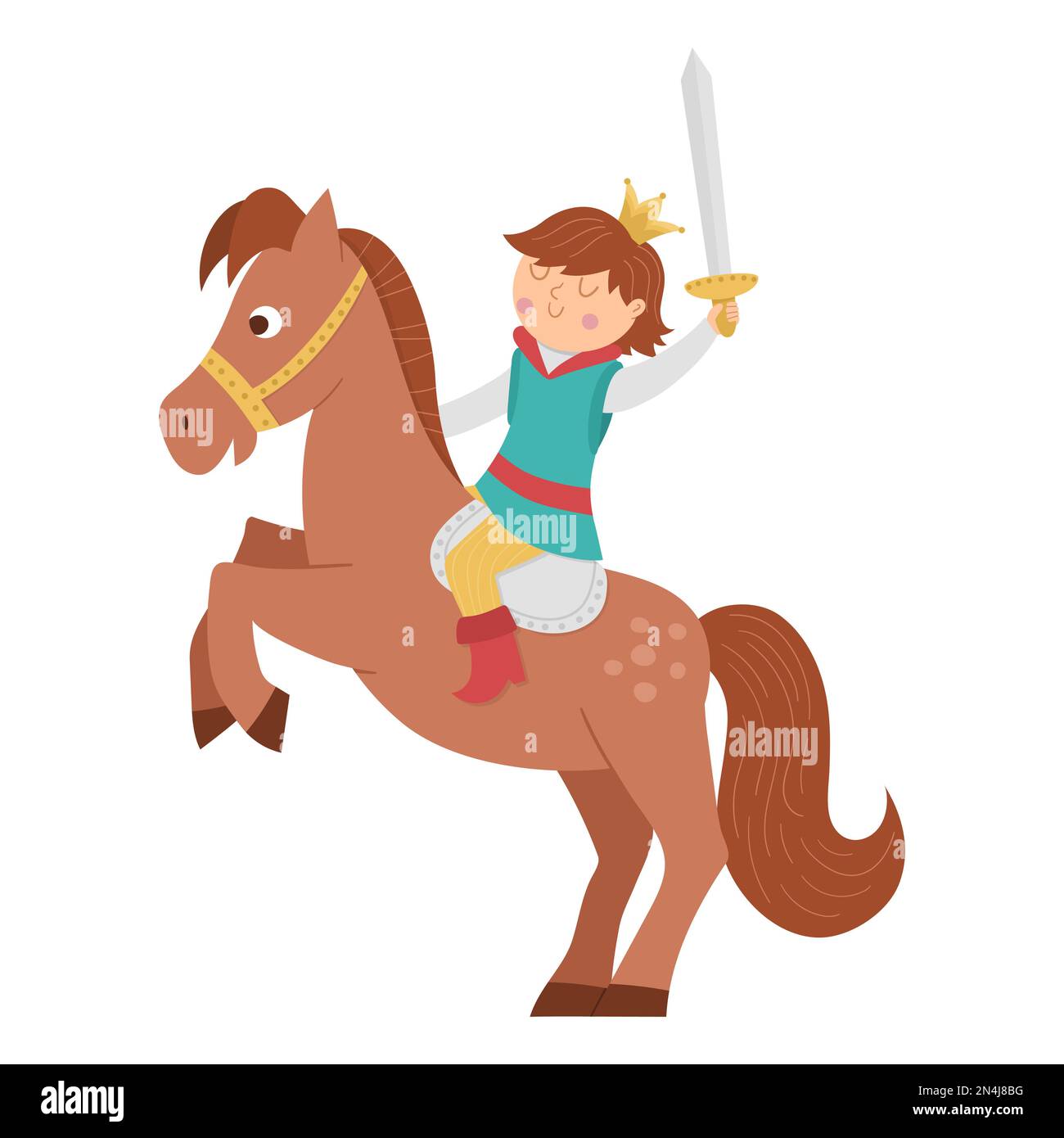 Fairy tale prince with sward on a horse on the rack isolated on white ...