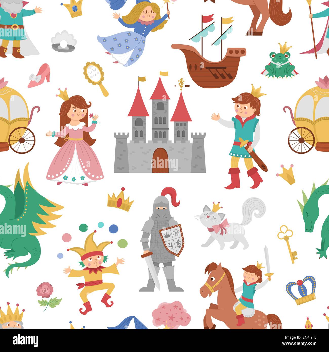 Seamless pattern with fairy tale characters and objects. Repeat ...