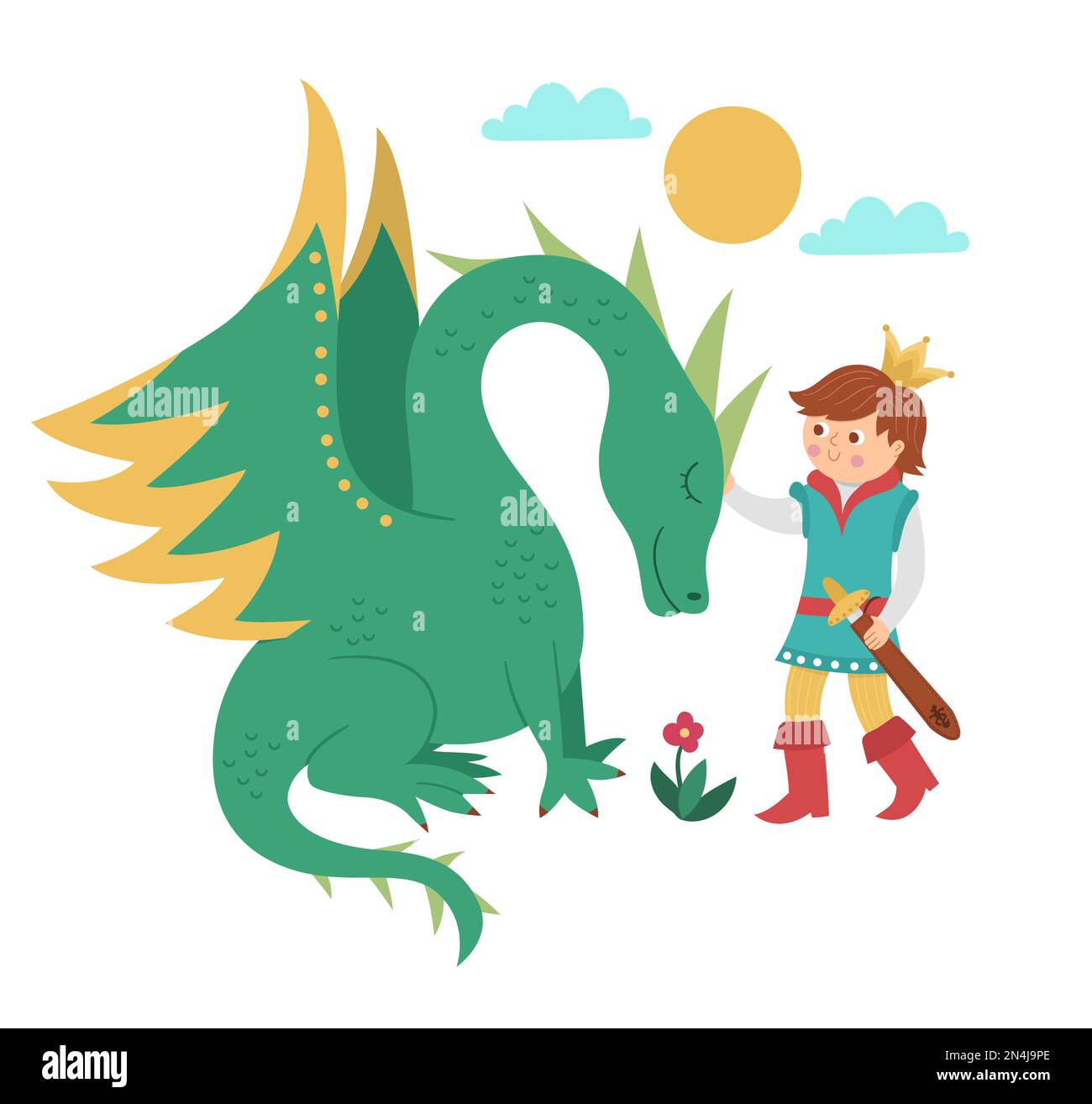 Fairy tale prince with dragon isolated on white background. Vector ...
