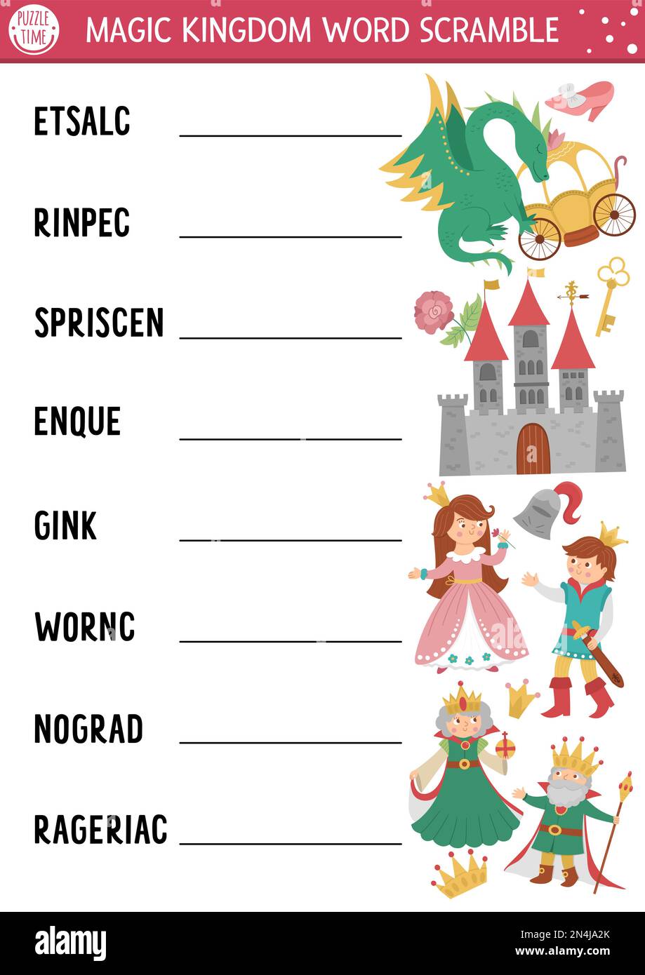 Vector fairytale word scramble activity page. English language game ...