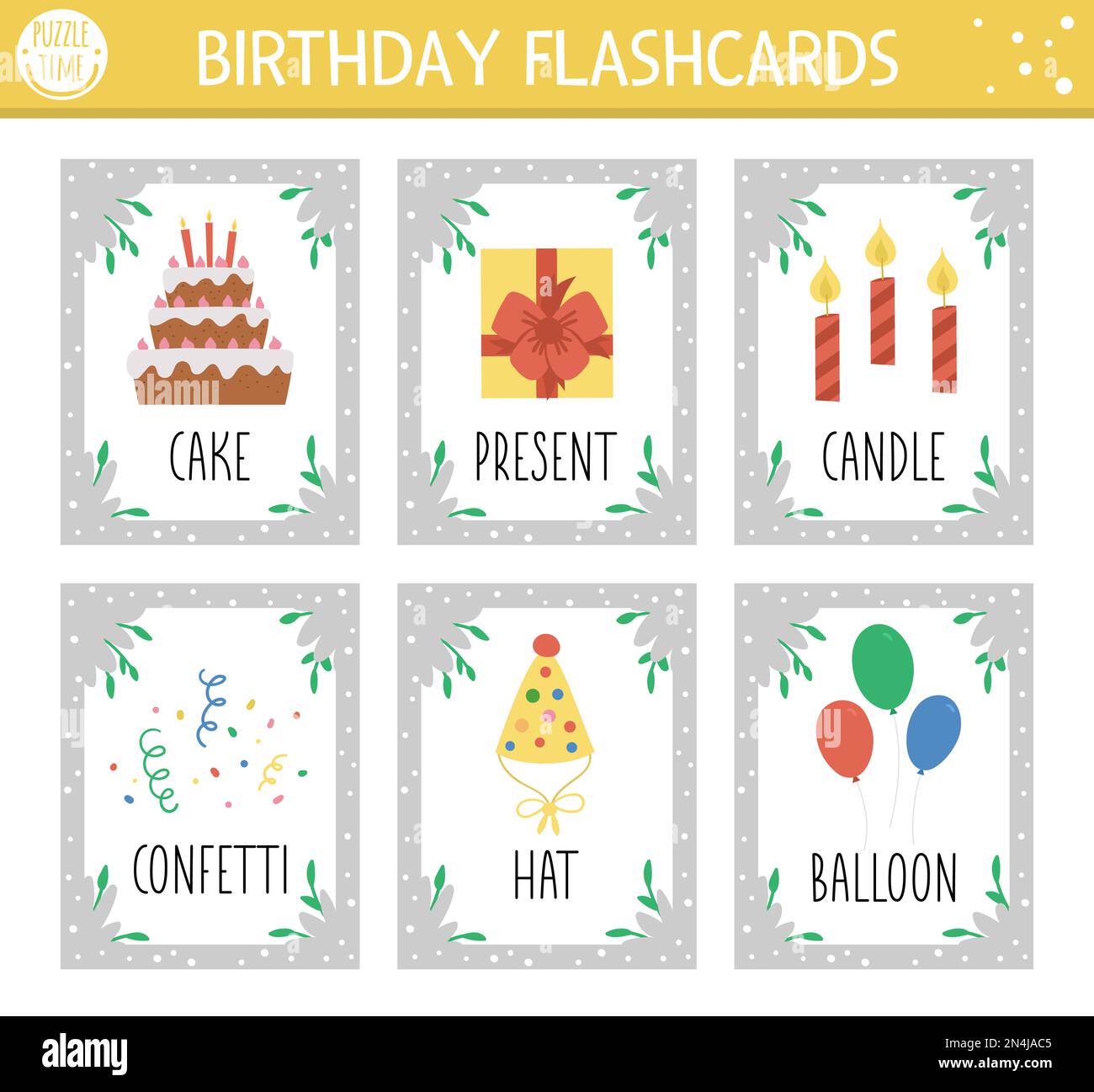 Vector Happy Birthday flash cards set. English language game with cute ...