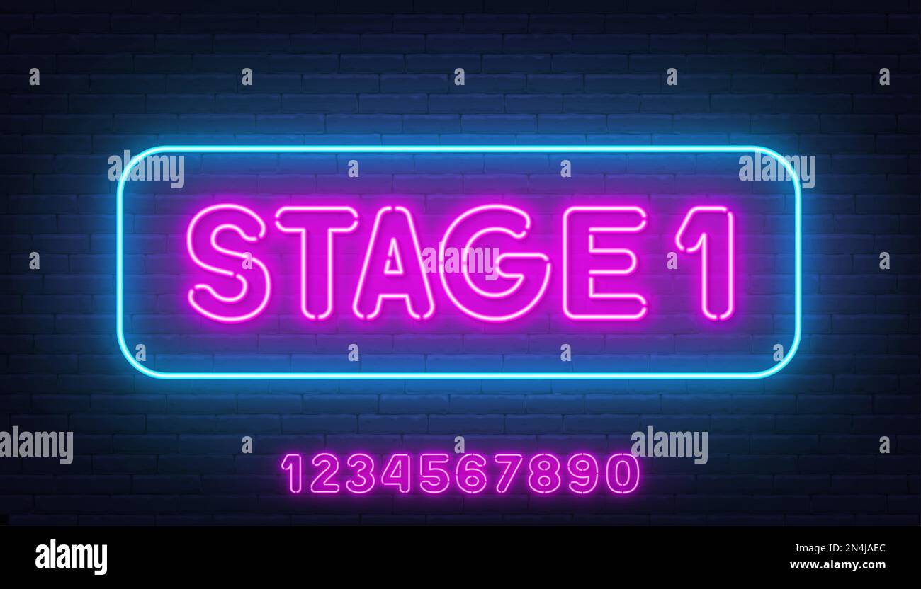 Stage 1 neon sign on brick wall background .Template with glowing ...