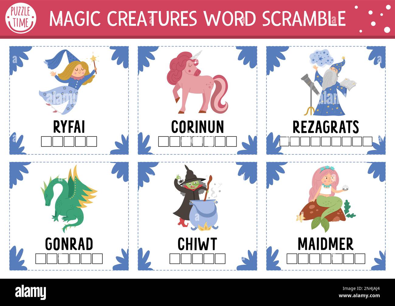 Vector fairytale word scramble activity page. English language game ...