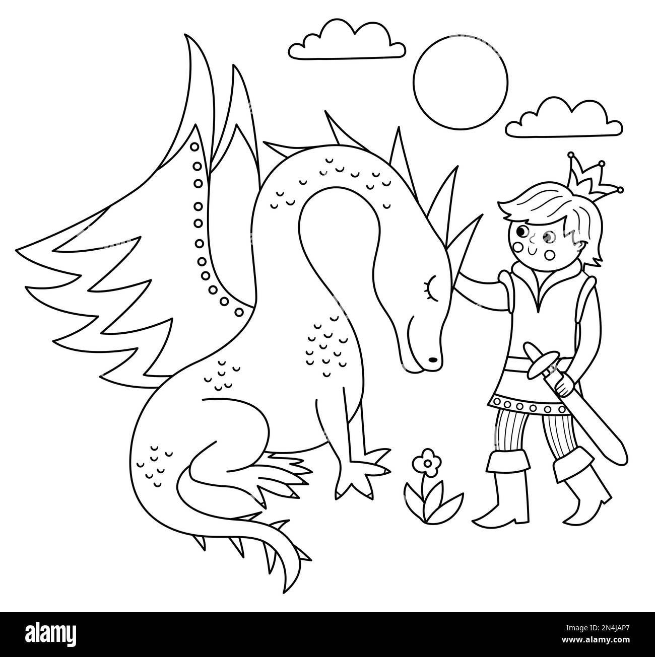 Fairy tale black and white prince with dragon coloring page. Vector ...