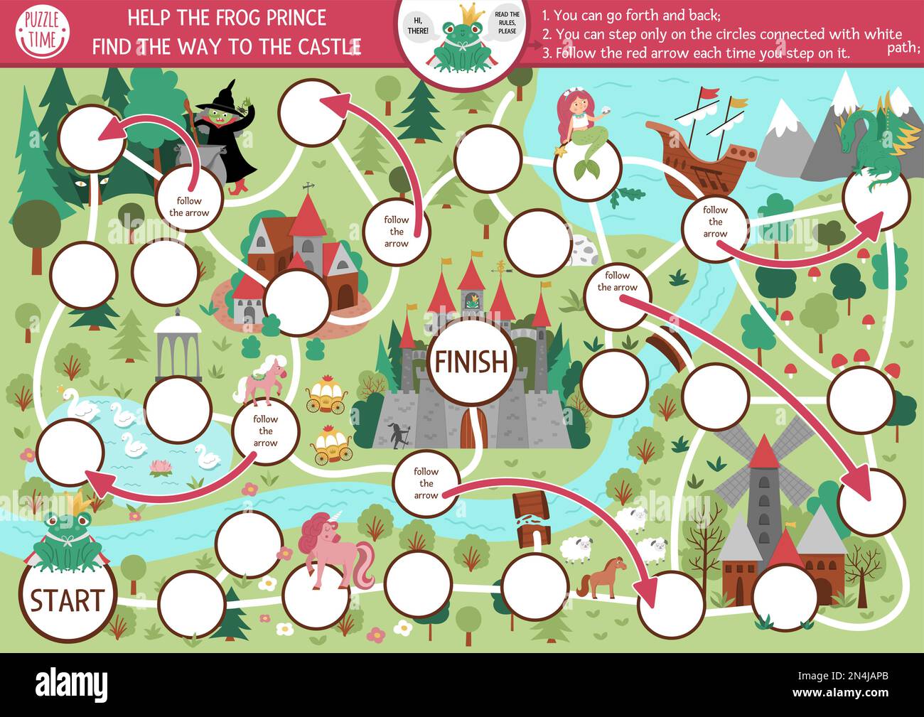 Fairytale dice board game for children with medieval village map. Magic ...