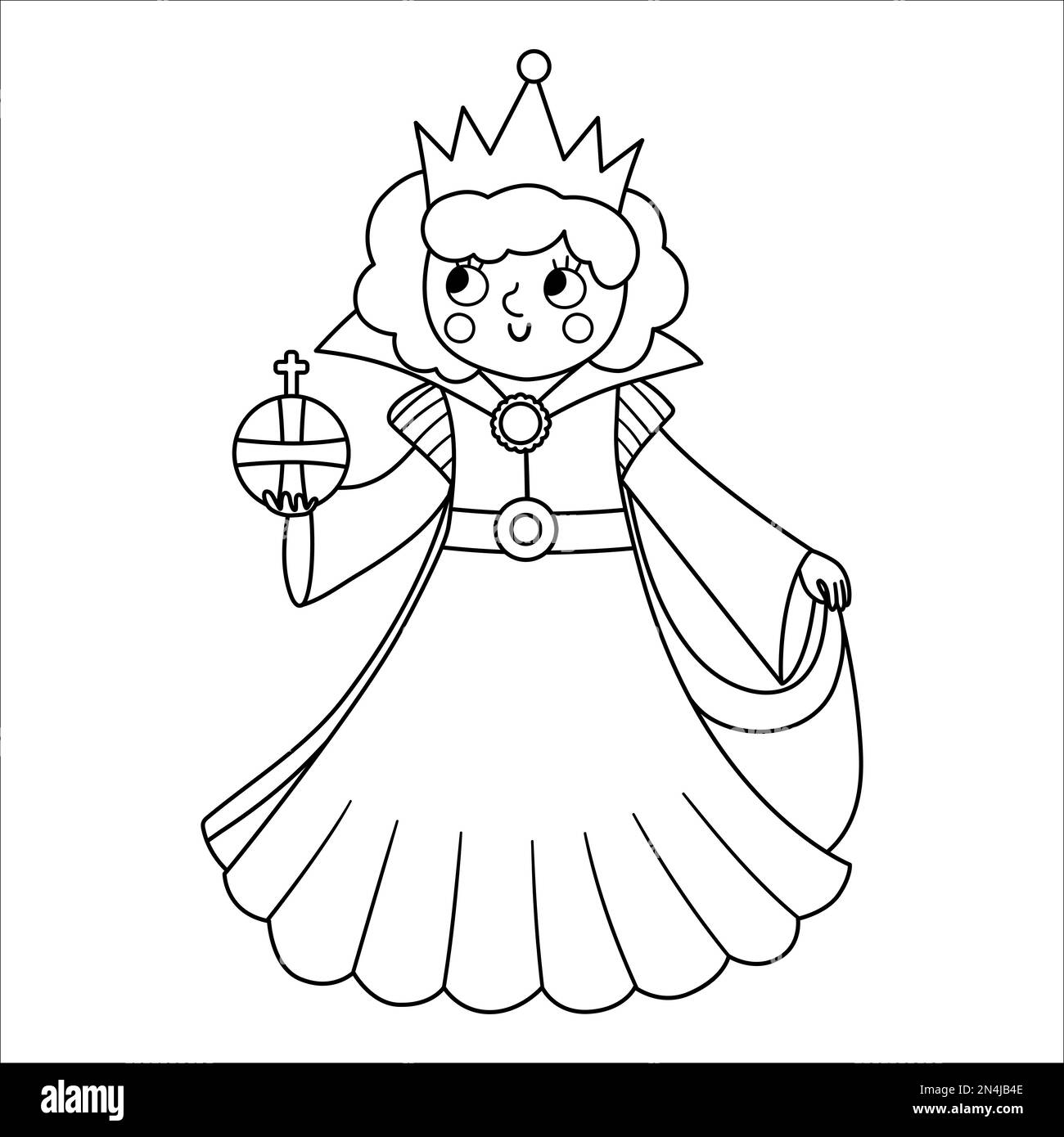 Fairy tale black and white queen with orb. Vector line fantasy monarch ...
