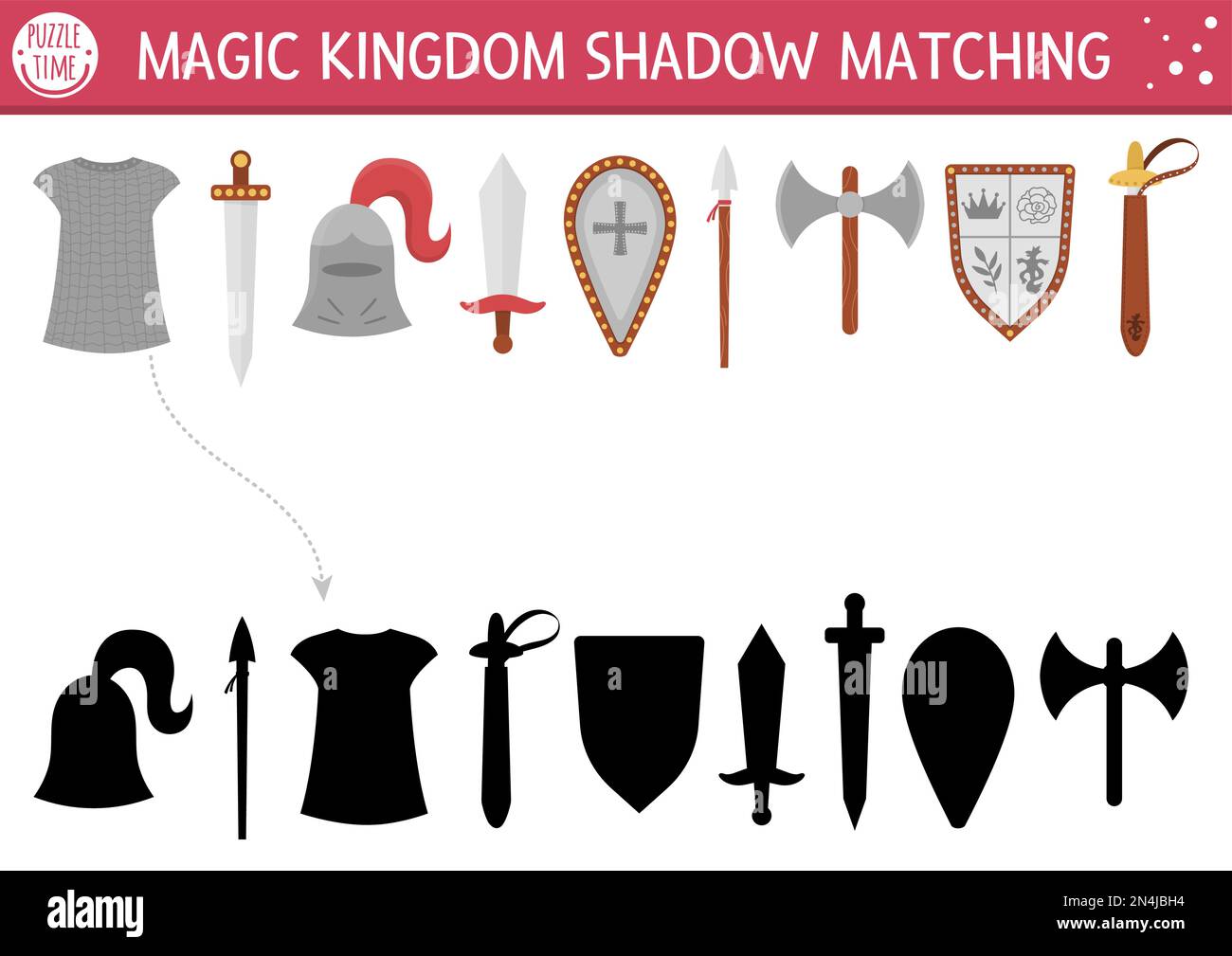Fairytale shadow matching activity with sward, shield, helmet. Magic ...