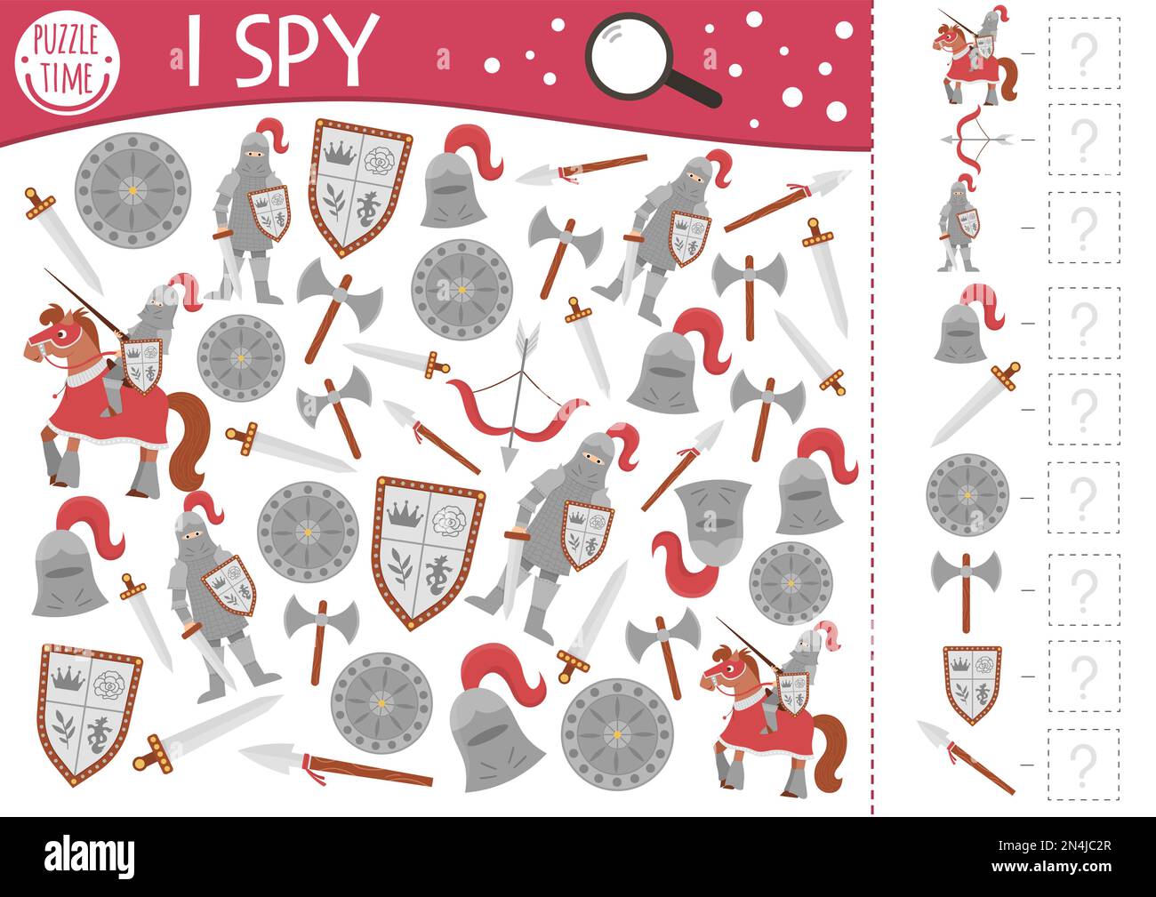 Fairytale fantasy I spy game for kids with knight armor. Searching and ...