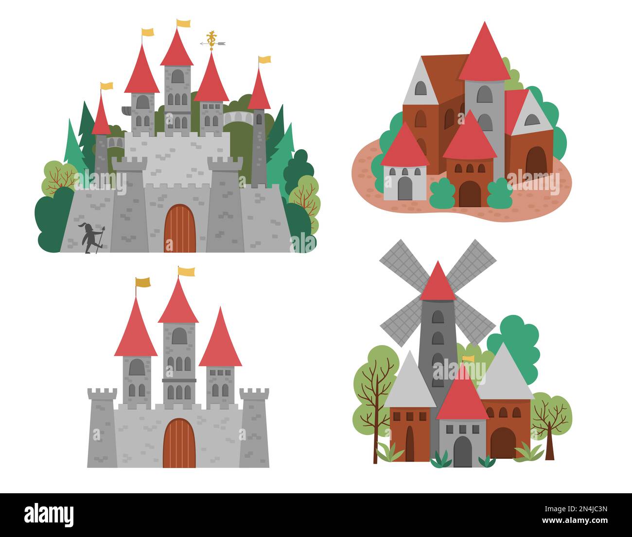 Vector icons set with Medieval castles and villages. Magic kingdom collection. Big medieval ...