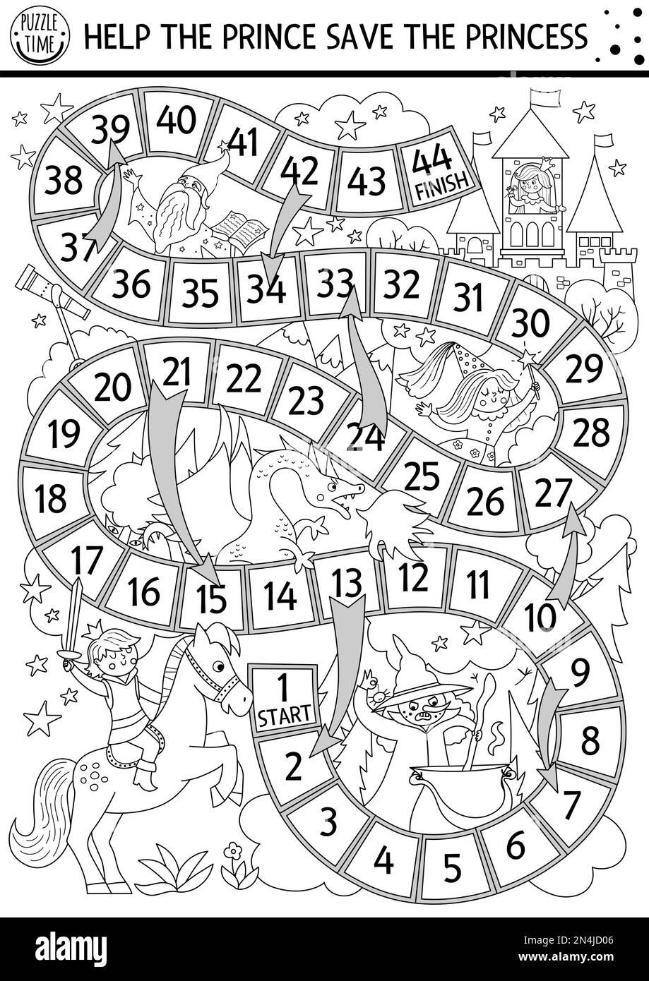 Fairytale lack and white dice coloring board game with castle. Magic ...