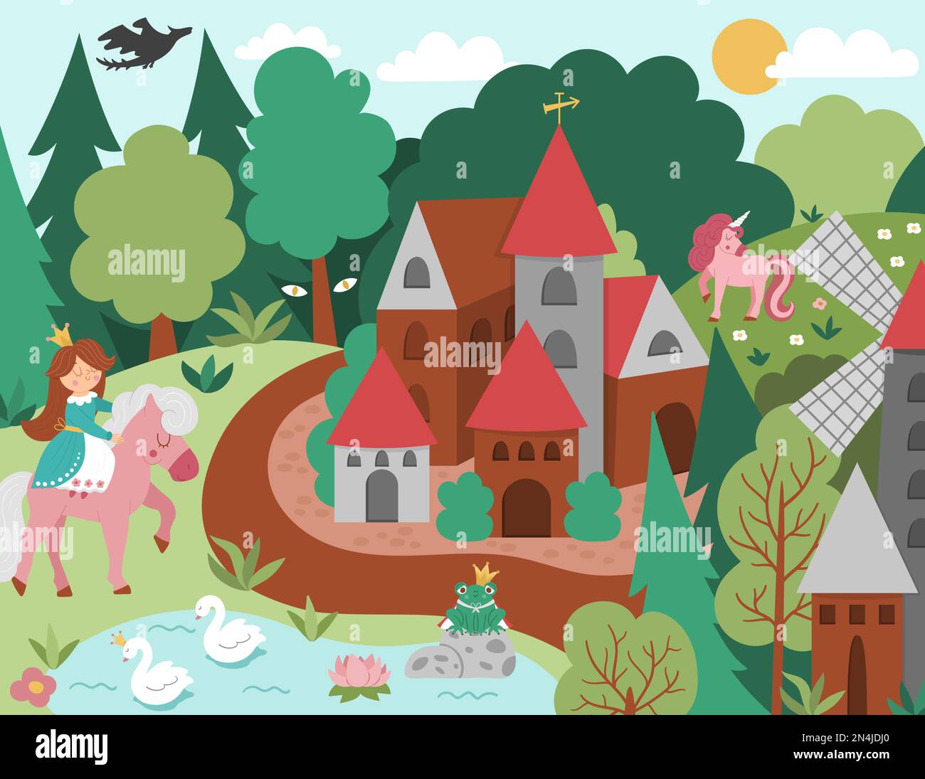 Vector Medieval village landscape with princess and pink unicorn. Magic ...