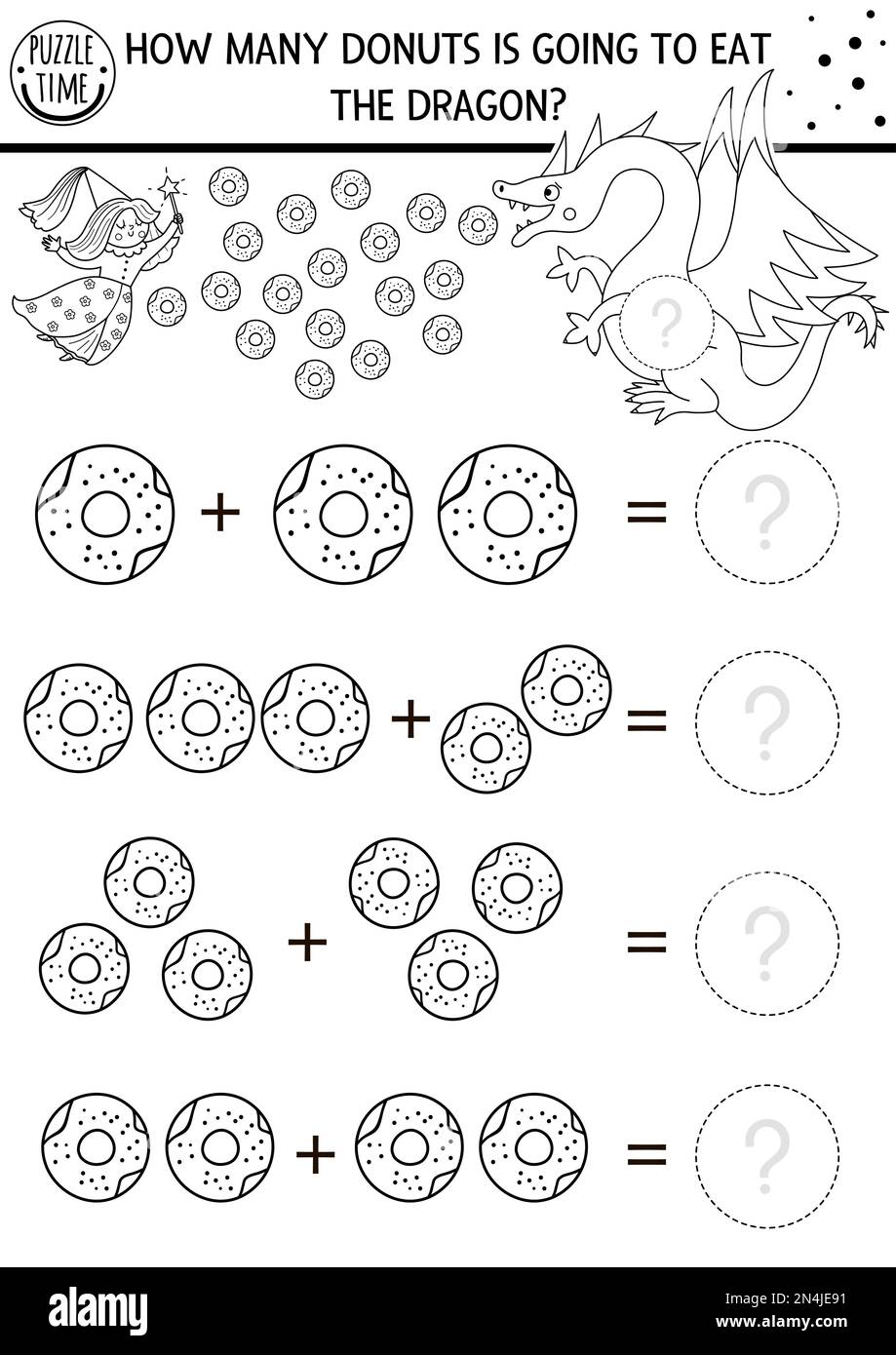 How many donuts game with cute fairytale creatures. Black and white ...