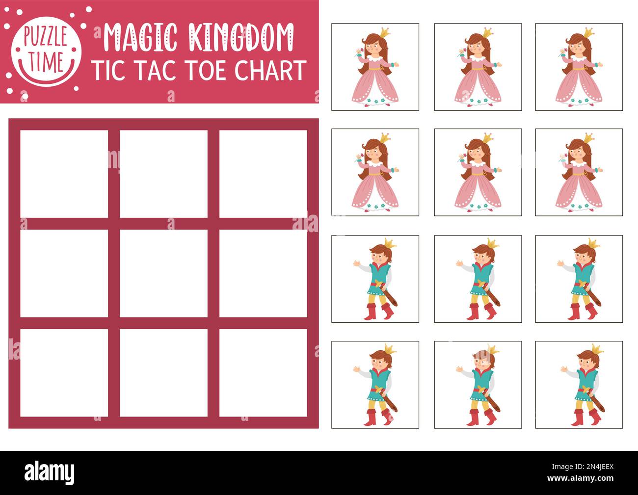 Vector fairytale tic tac toe chart with prince and princess. Fairy tale ...