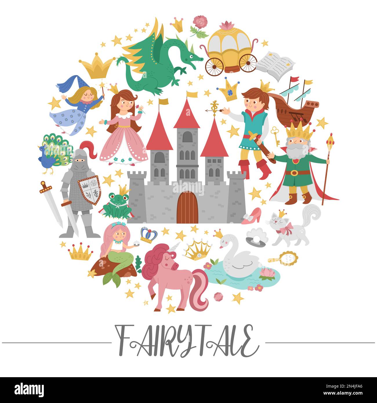 Vector round frame with fairy tale characters, objects. Fairytale card ...