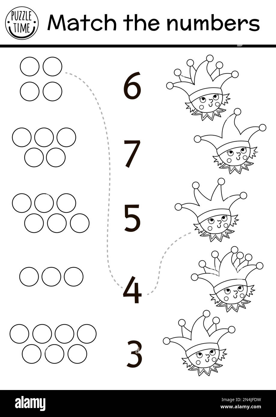 Match the numbers game with buffoon and bells on hat. Black and white ...