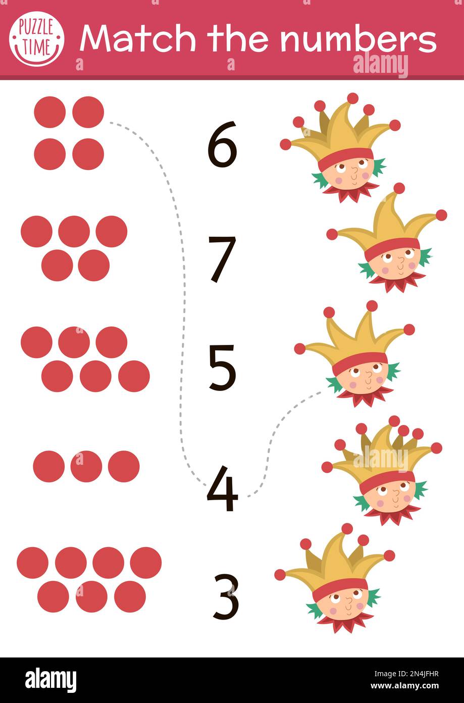 Match the numbers game with buffoon and bells on hat. Fairytale math ...