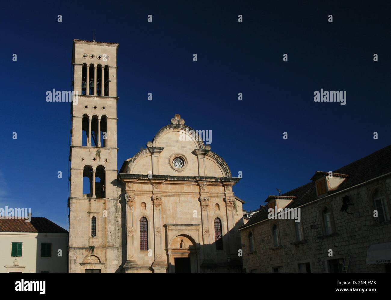 St Stephen's Cathedral and bell tower, Hvar city on Hvar island ...
