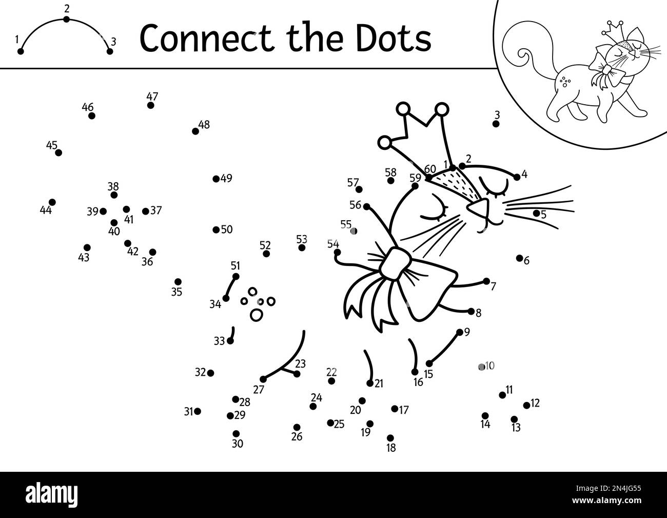 Vector dot-to-dot and color activity with cute cat in crown. Magic ...