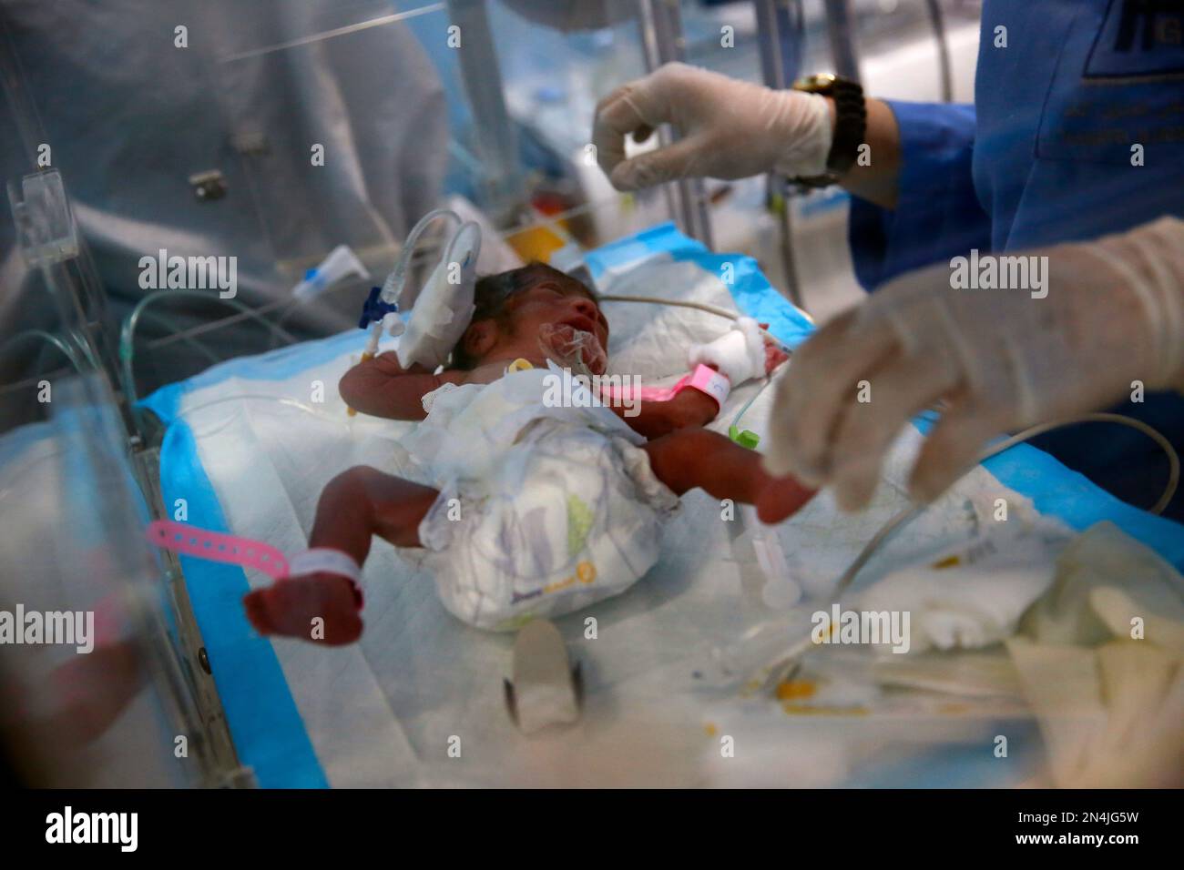 A Nurse tends to a newborn baby in Chtaura's hospital in Chtaura ...