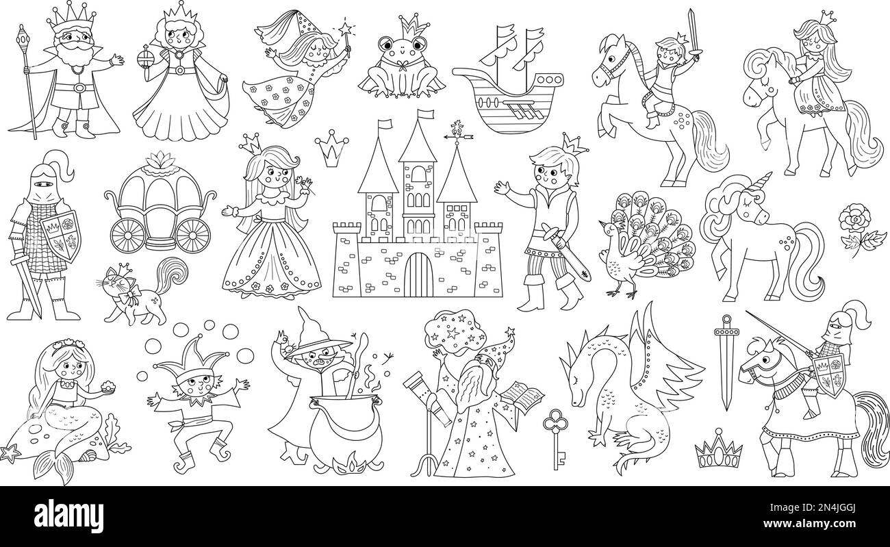 Fairy tale black and white characters and objects collection. Big ...