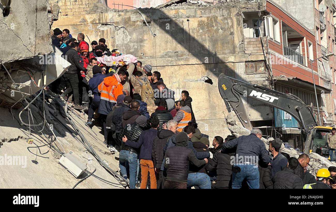People and emergency teams search for survivors in the rubble of a ...