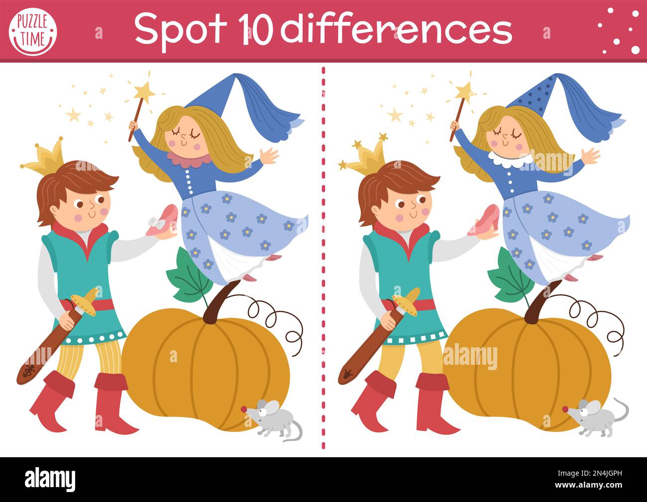 Find differences game for children. Fairytale educational activity with cute prince, shoe ...