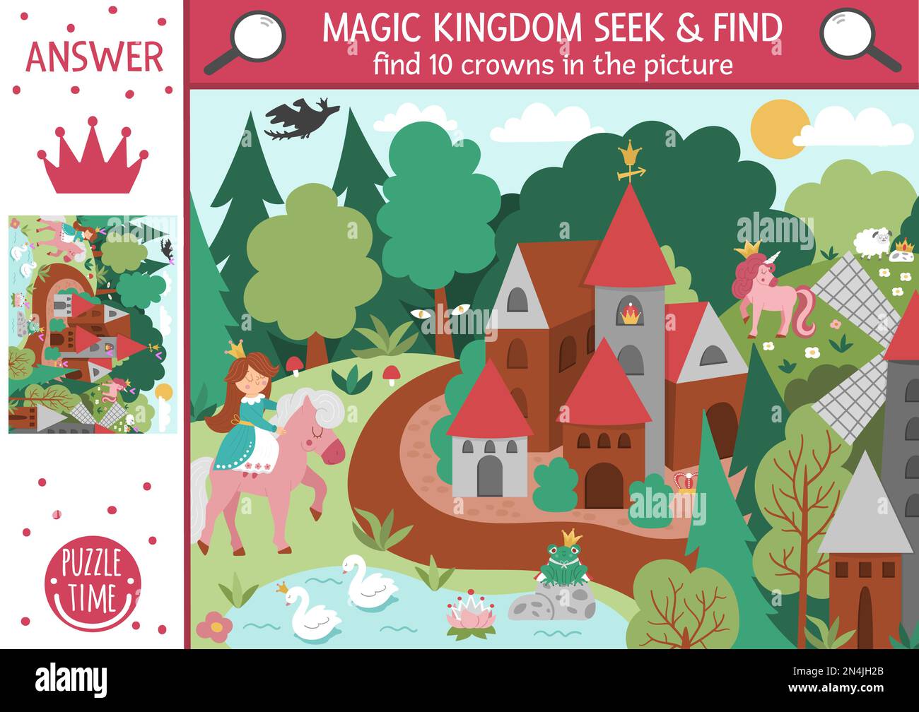 Vector fairytale searching game with medieval village landscape and ...