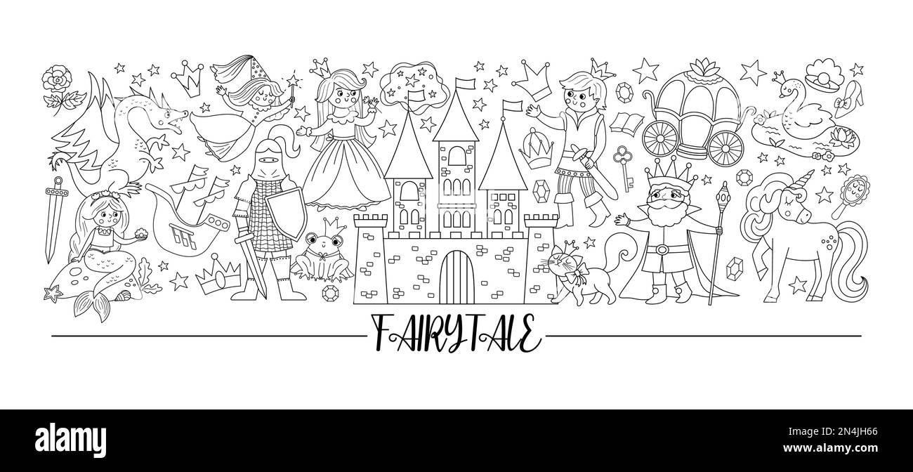 Vector black and white horizontal border set with cute fairy tale ...