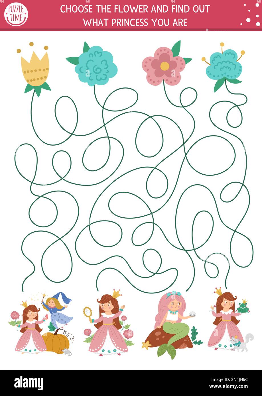 Fairytale maze for kids with cute princesses and flowers. Magic kingdom ...
