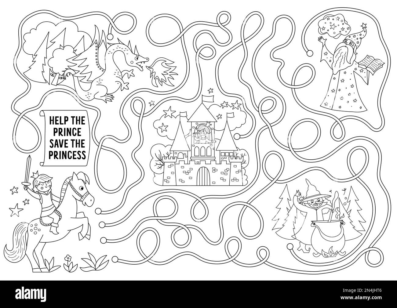 Fairytale maze for kids with fantasy characters. Magic kingdom ...