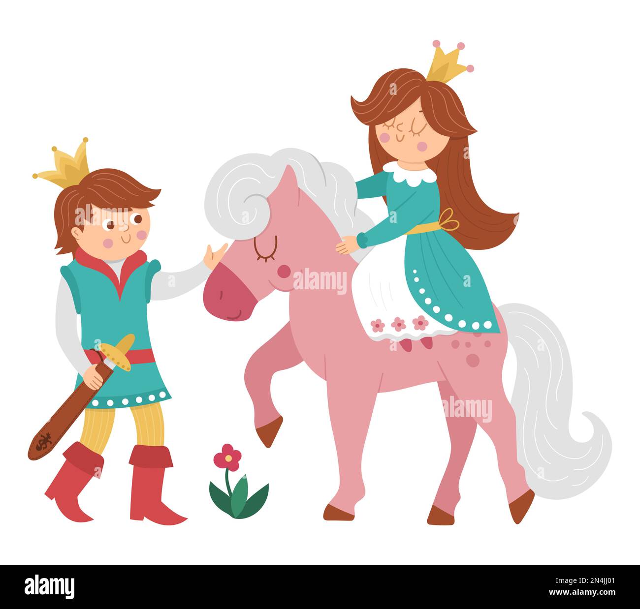 Fairy tale prince with princess on a pink horse on white background ...