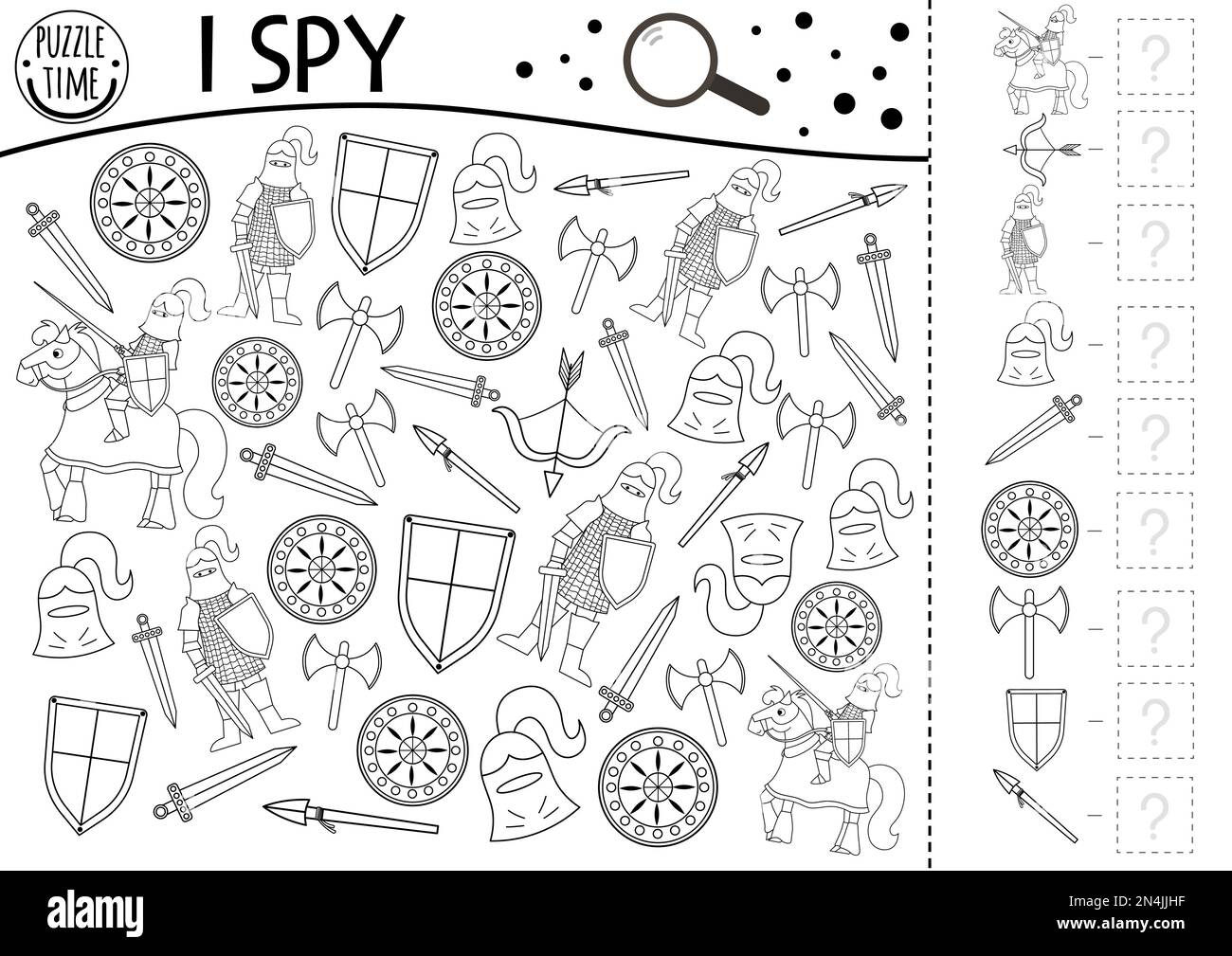 Black and white fairytale fantasy I spy game for kids with knight armor ...