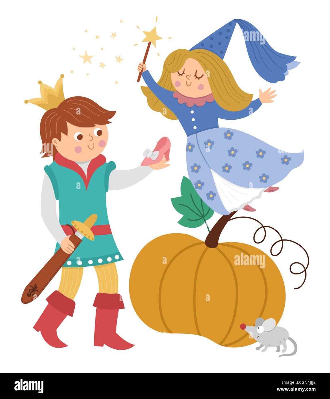 Fairy tale prince with fairy, pumpkin, lost shoe, mouse. Vector fantasy ...