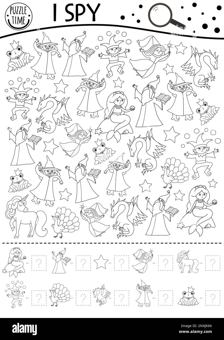 Black and white fairytale I spy game for kids with fantasy creatures ...